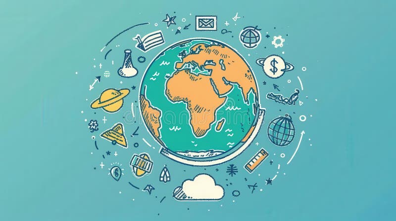 Illustration of a Globe Surrounded by Icons of Achievement Representing ...