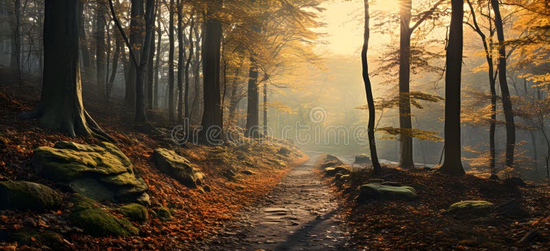 Illustration of a Gloomy Fall Forest with a Path Stock Photo - Image of ...