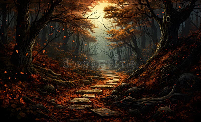 Illustration of a Gloomy Fall Forest with a Path Stock Photo - Image of ...