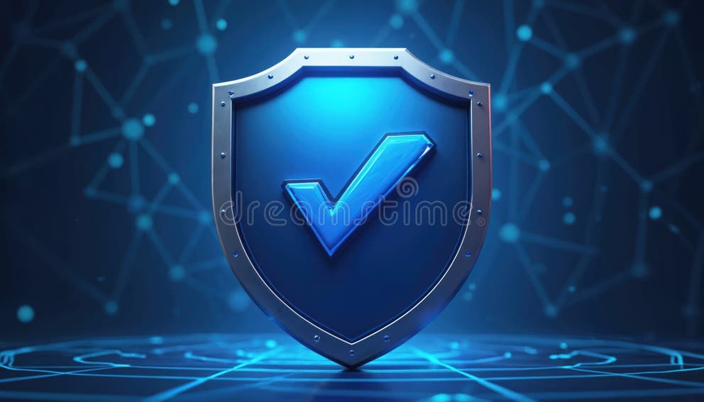 Illustration of Glossy Shield with Check Mark on Surface. Blue Security ...
