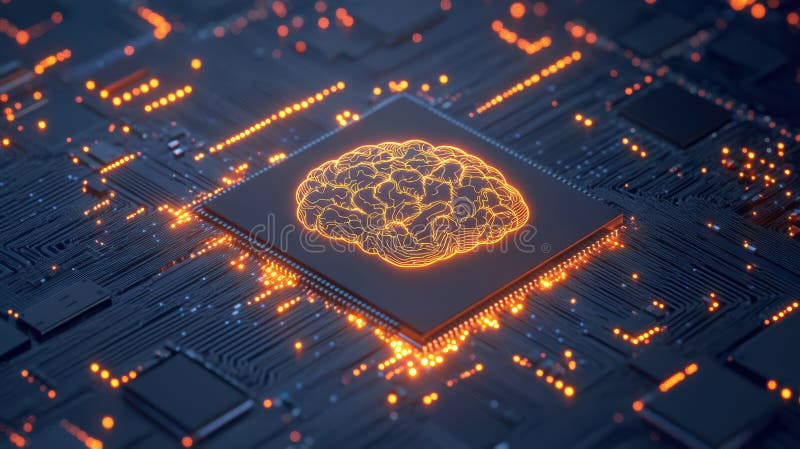 Illustration of a Glowing Circuit Shaped Like a Brain on a Microchip ...