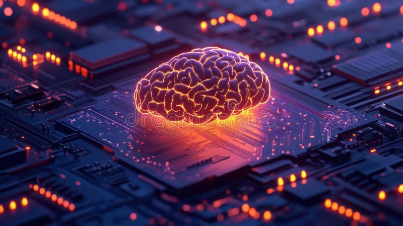 Illustration of a Glowing Circuit Shaped Like a Brain on a Microchip ...