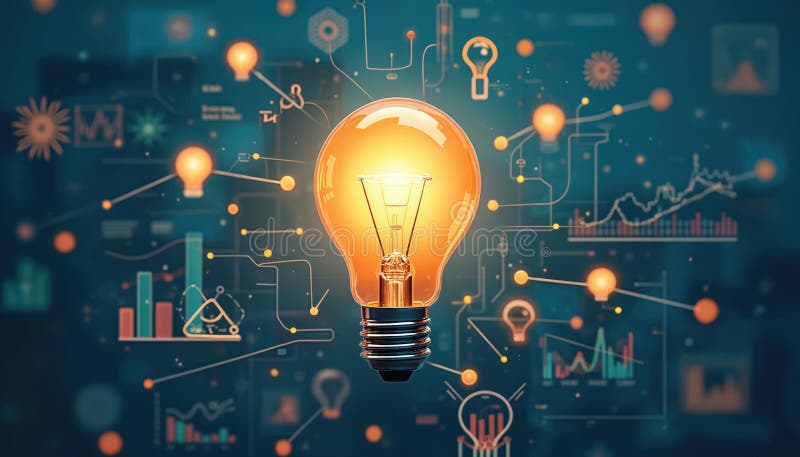 Illustration of Glowing Lightbulb Surrounded by Charts, Graphs. Digital ...