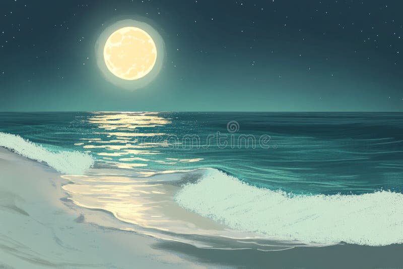 Illustration of a Glowing Moon Over a Calm Ocean, Casting a Shimmering Silver Path on the Water ...