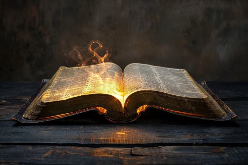 Illustration of Glowing Open Bible Scroll. Generative AI. Stock ...