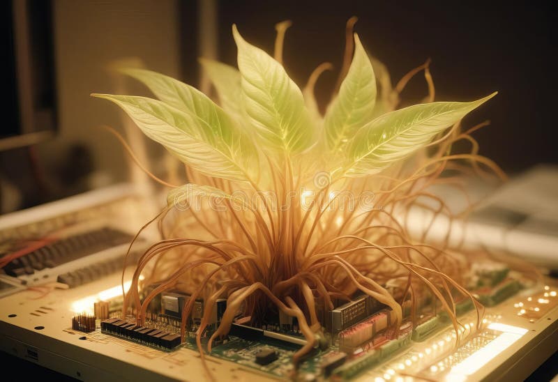 Illustration of Glowing Plant Growing on Computer Chip Stock ...