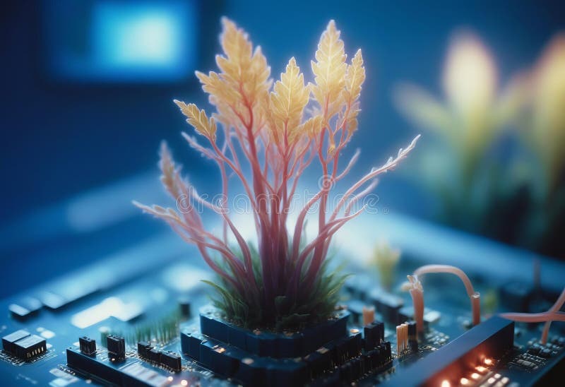 Illustration of Glowing Plant Growing on Computer Chip Stock ...