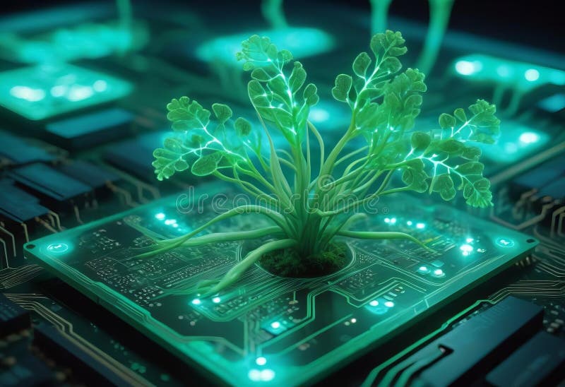 Illustration of Glowing Plant Growing on Computer Chip Stock Photo ...