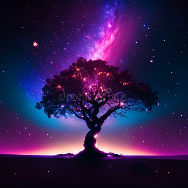 Illustration of a Glowing Tree on a Starry Sky Background. AI Generated ...