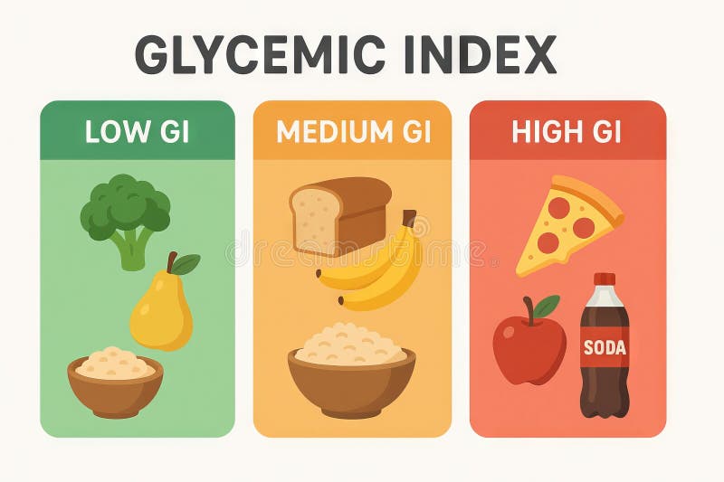 Glycemic Index Illustration Showcasing Low, Medium, and High GI Foods ...