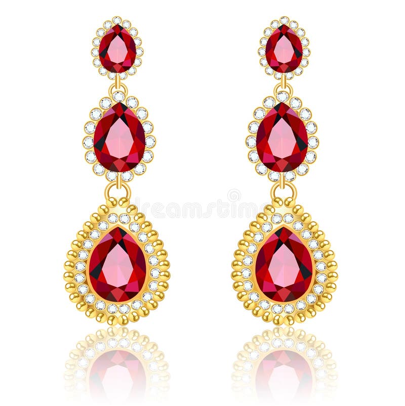 Illustration Gold Jewelry Earrings with Ruby and Precious Stones Stock Vector - Illustration of ...