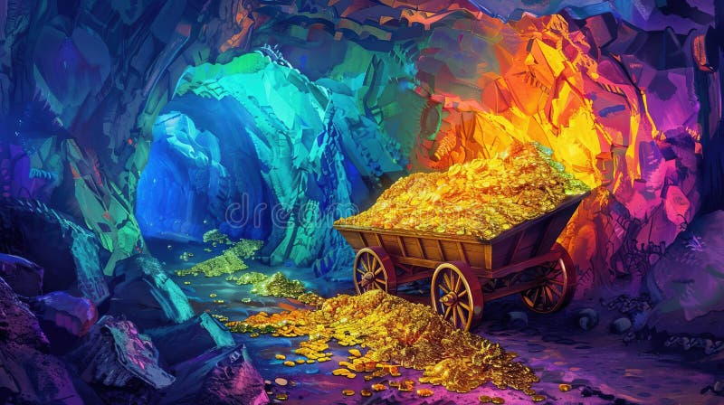 Illustration of a Gold Mine Cart Filled with Gold in a Colorful Setting ...