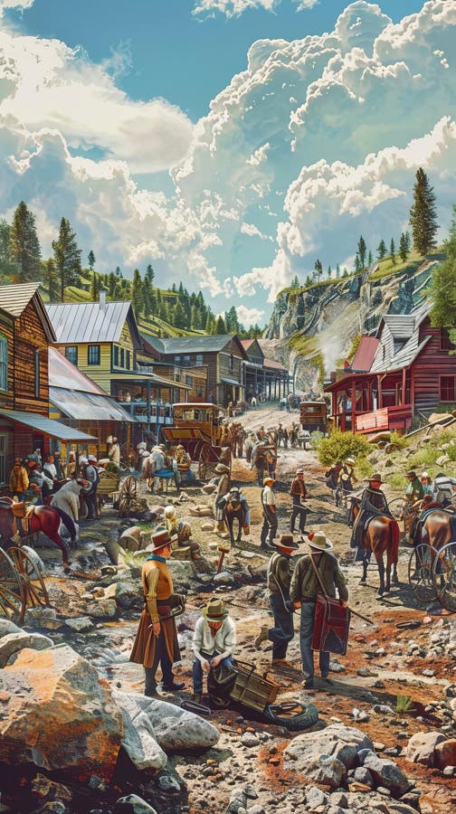 Illustration of a Gold Rush Era Scene with Colorful Characters and ...