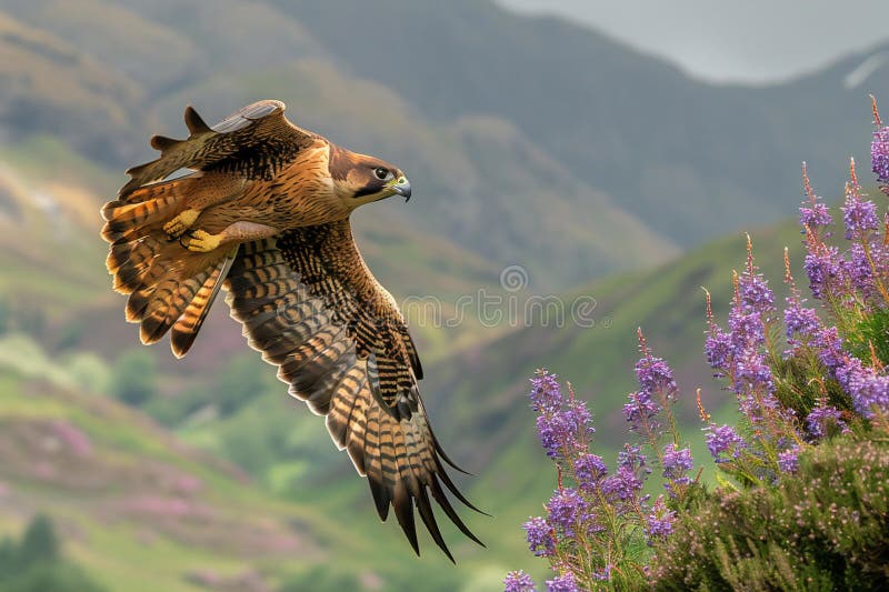 Illustration of Golden Eagle Falcon in Flight Over Purple Flowers Stock ...