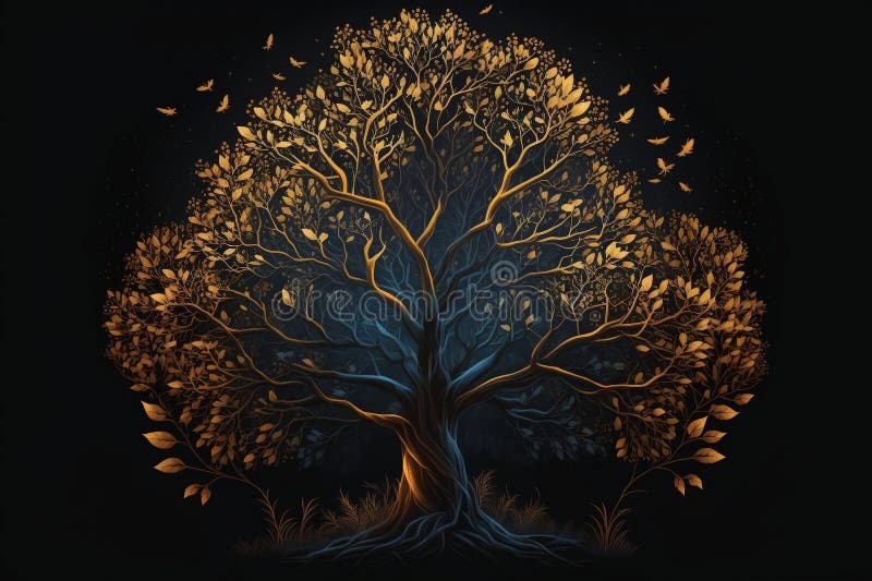 Illustration of a Golden Tree in a Mystical Forest Against Dark ...