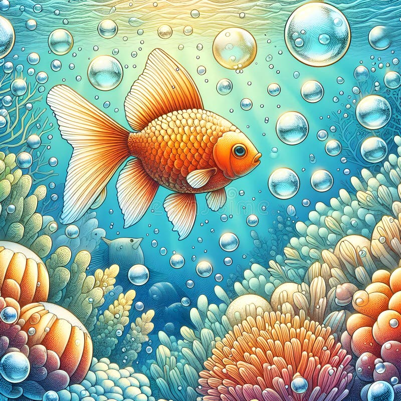 Goldfish Swimming in Coral Reef with Rising Bubbles Stock Illustration ...