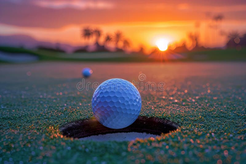 Illustration of Golf Ball Holed Up at Sunset, High Quality, High ...