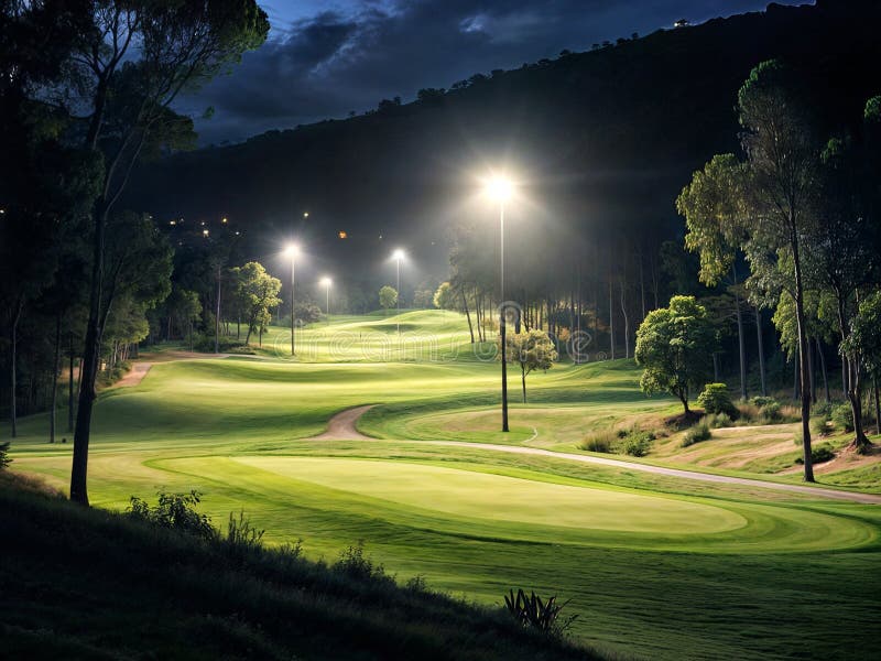 Illustration of Golf Course with Spotlights, without People, at Night ...