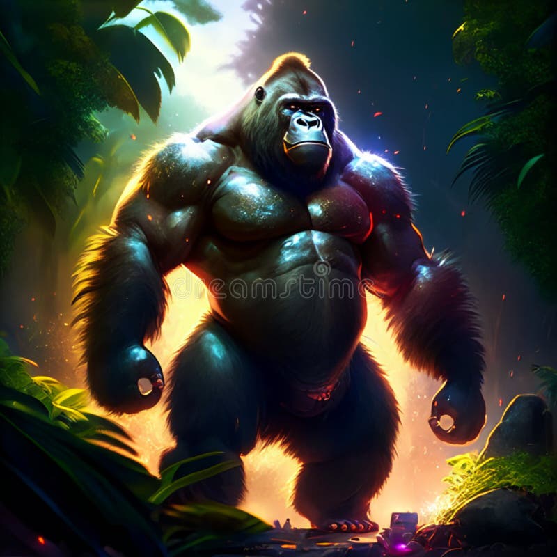 Illustration of a Gorilla in the Jungle at Night - 3d Render AI ...