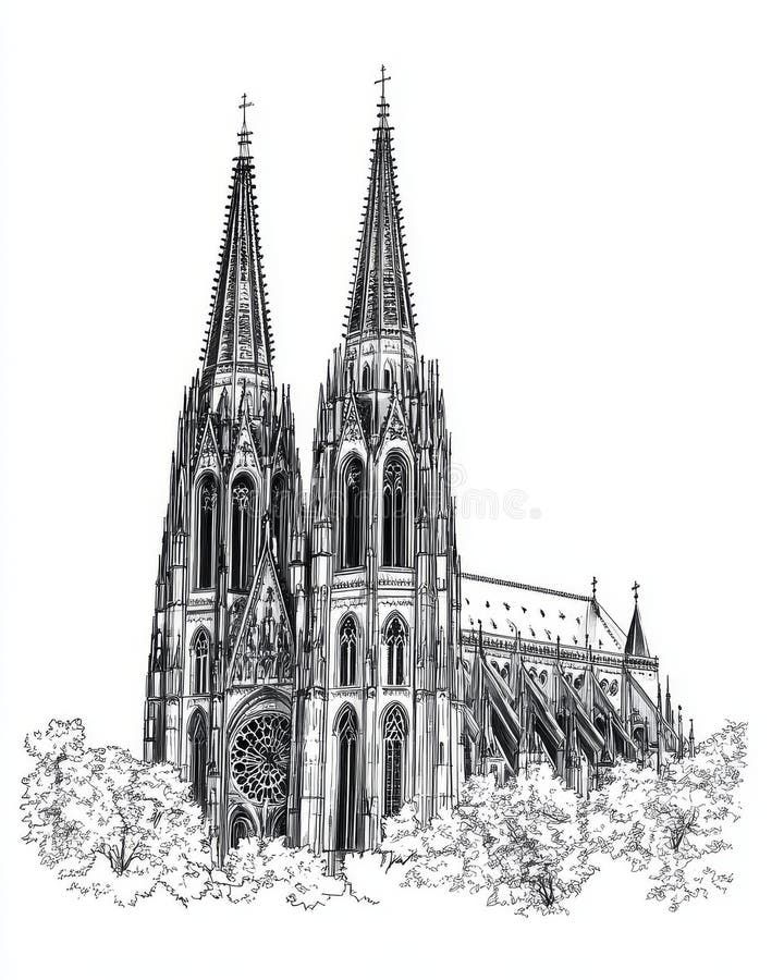 Illustration of Gothic Architecture with Medieval Elements in a Vintage ...