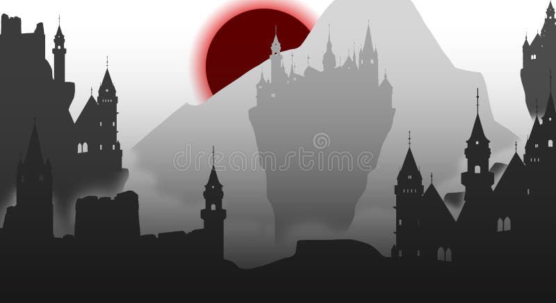 Illustration of a Gothic City and the Sun Behind the Mountain Abstract ...