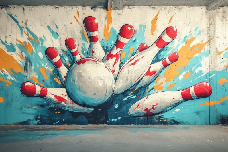 Illustration in Graffiti Style of Bowling Pins Being Broken by the Ball ...