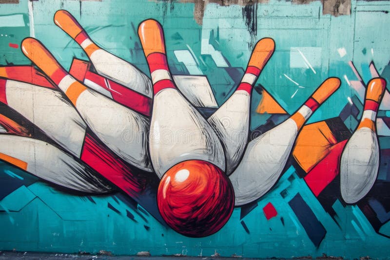 Illustration in Graffiti Style of Bowling Pins Being Broken by the Ball ...