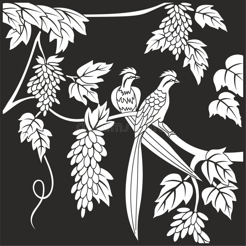 Glass Etching Pattern Two Doves on a Branch of a Palm Tree. Black and ...