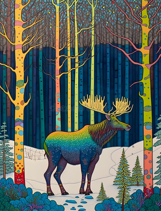 Colorful Pop Art Moose Illustration in a Snowy Forest Stock ...