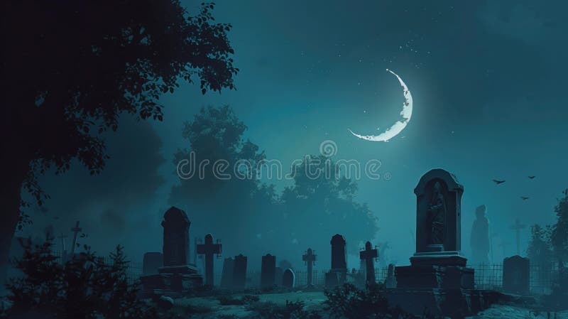 Illustration of a Graveyard at Night, with Ghostly Figures Rising from ...