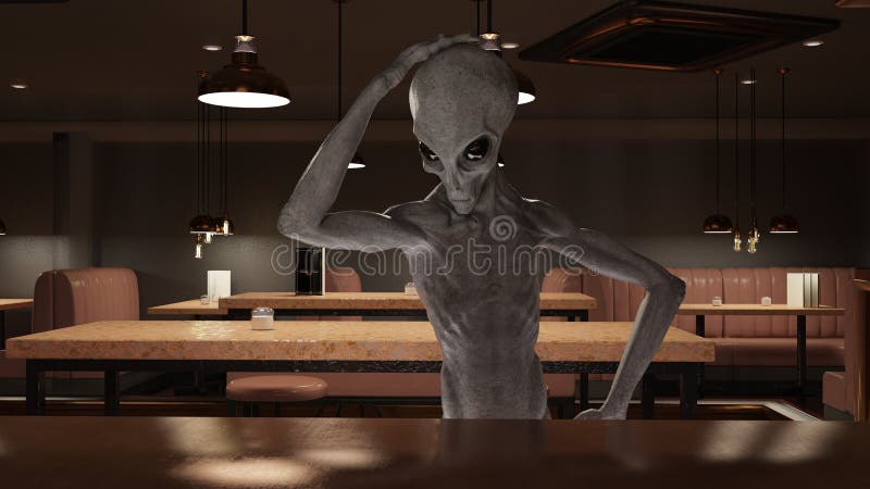 Illustration of a Gray Alien Standing in a Restaurant. Stock ...