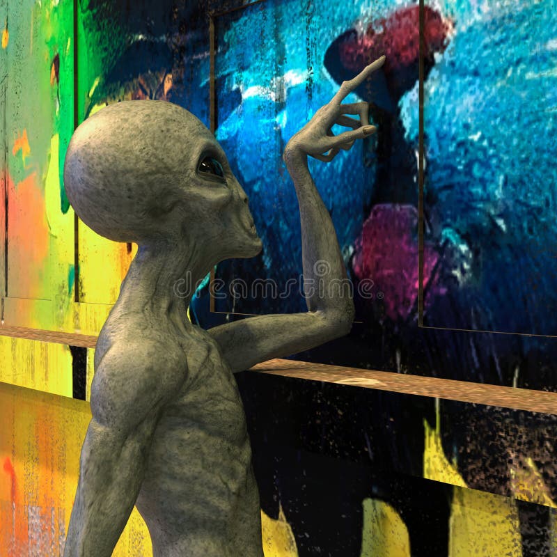 Illustration of a Gray Alien Studying Graffiti on a Wall Stock ...