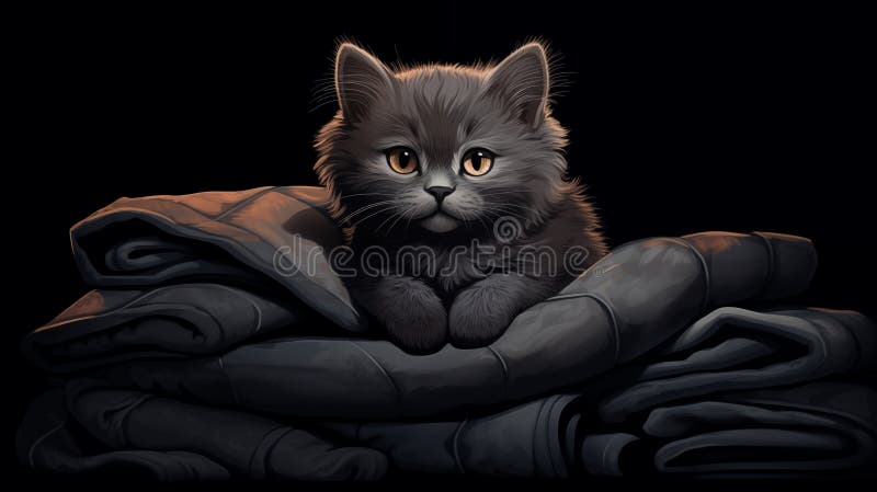 Illustration with a Gray Kitten Lying on a Stack of Blankets, Dark ...
