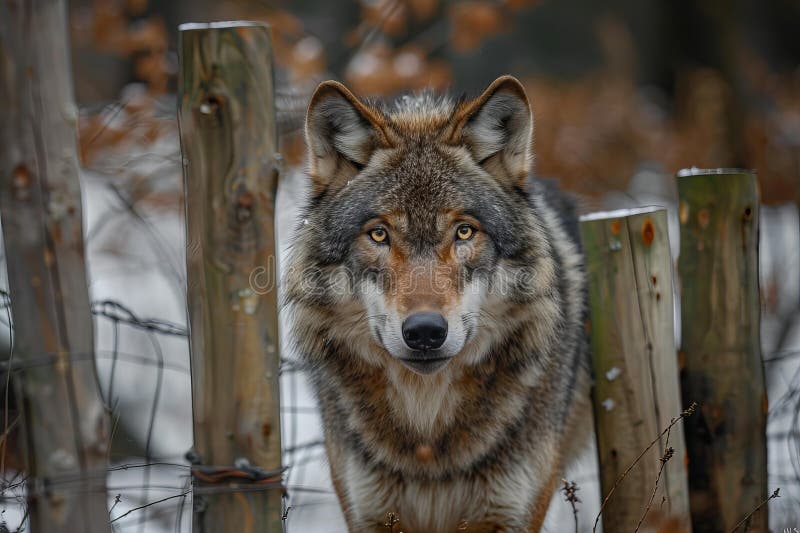 Illustration of Gray Wolf is Standing Behind Wood Posts, High Quality ...
