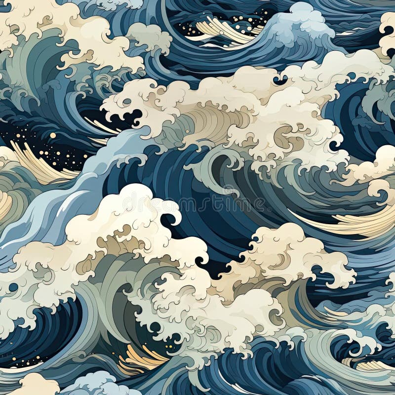 Illustration of the Great Wave in Dark Sky-blue and Beige (tiled) Stock ...