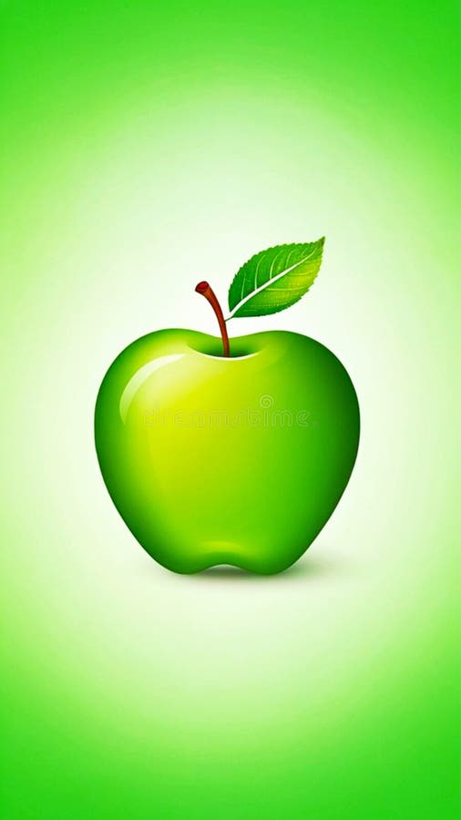 Illustration of a Green Apple with a Single Leaf on a Gradient Green ...