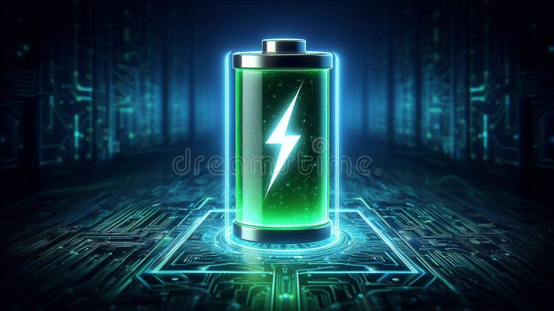Green Battery Illustration with Lightning Symbol and Futuristic ...