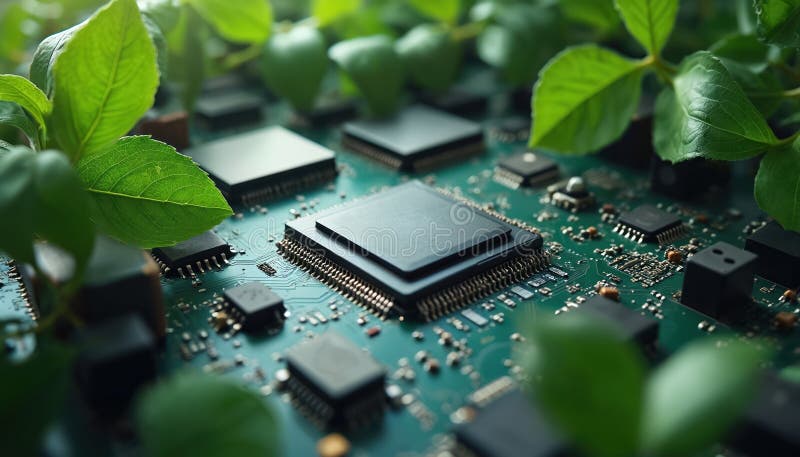 Illustration of Green Circuit Board with Microchips and Leaves Evokes ...