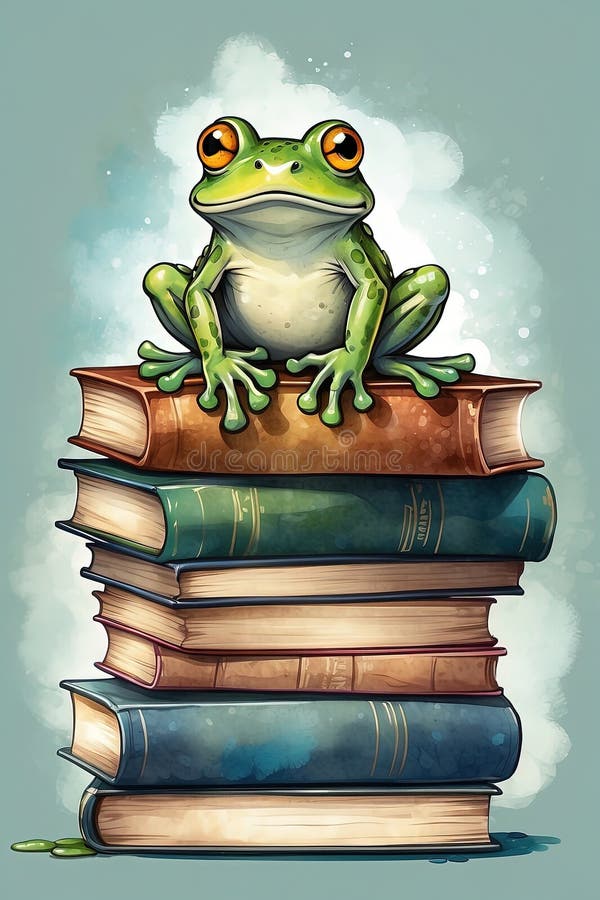 Illustration of a Green Frog Sitting on a Pile of Books Stock ...