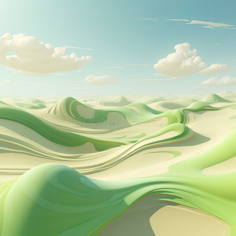 Illustration of Green Sand Desert with Blue Sky and Clouds, Generative ...
