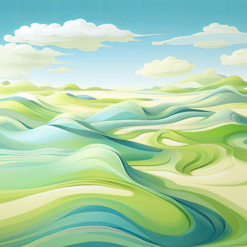 Illustration of Green Sand Desert with Blue Sky and Clouds, Generative ...