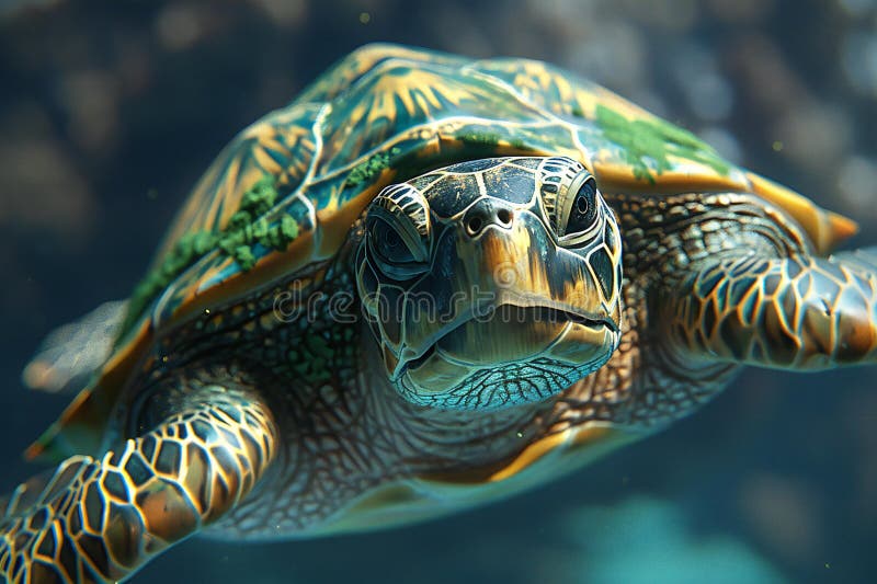 A Green Turtle in Clear Blue Water and Swimming, High Quality, High ...