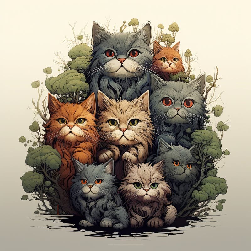 Illustration of Grey and Red Cats on Light Background. Stock Image ...