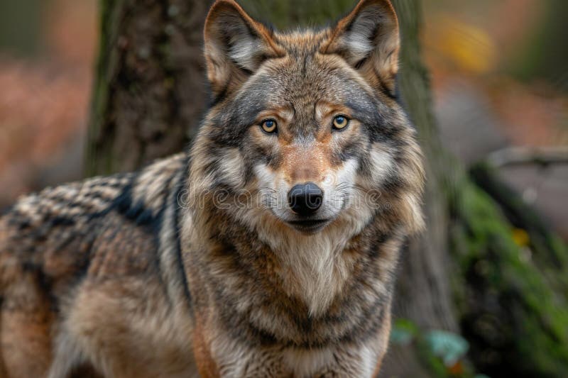 A Grey Wolf Standing in the Forest Near a Tree, High Quality, High ...