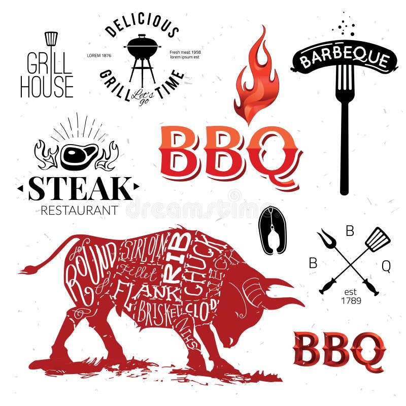 Illustration Grill Menu Labels Set of in Flat Design Style. Stock ...