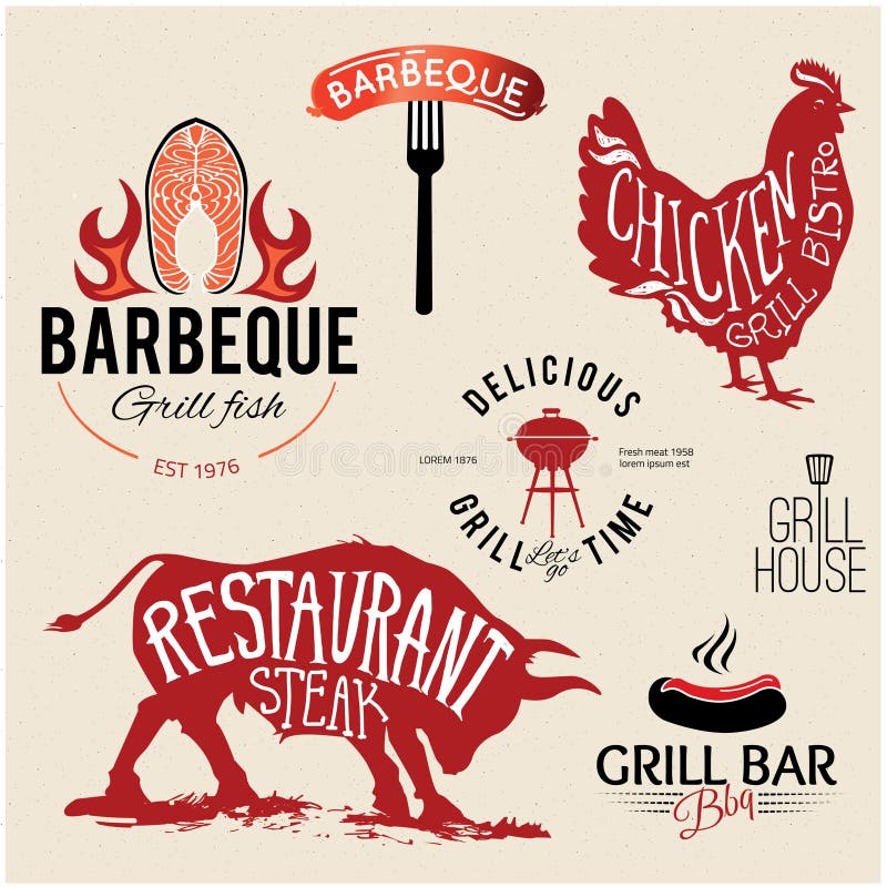 Illustration Grill Menu Labels Set of in Flat Design Style. Stock ...