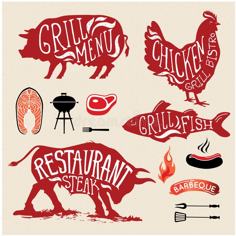 Illustration Grill Menu Labels Set of in Flat Design Style. Stock ...