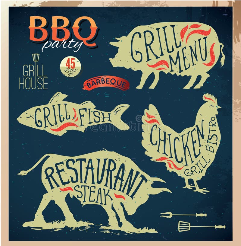 Illustration Grill Menu Labels Set of in Flat Design Style. Stock ...