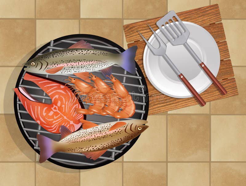 Grilled Fish on the Barbecue Stock Illustration - Illustration of menu ...