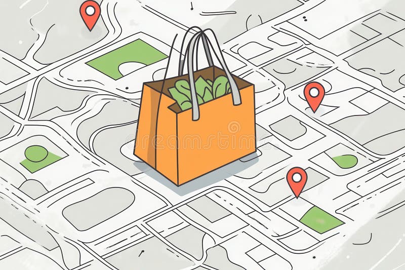 Delivery Route Map Illustration Featuring Grocery Bag Icon and Location ...